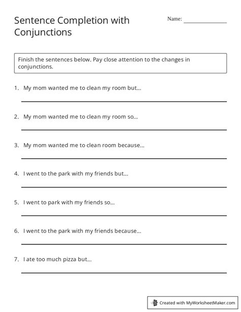 Sentence Completion With Conjunctions My Worksheet Maker Create Your Own Worksheets