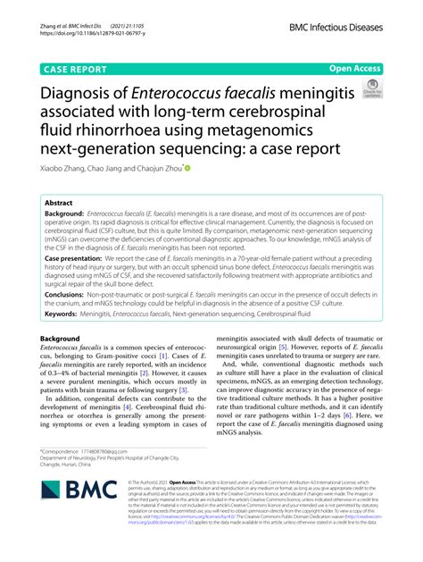 Pdf Diagnosis Of Enterococcus Faecalis Meningitis Associated With