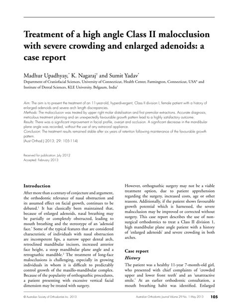 Pdf Treatment Of A High Angle Class Ii Malocclusion With Severe Crowding And Enlarged Adenoids