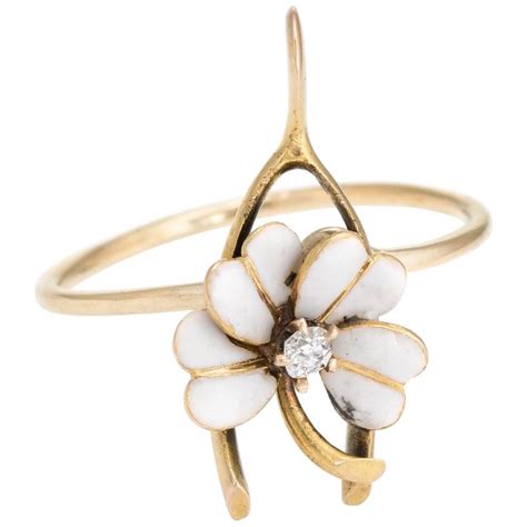 Antique Victorian Diamond Conversion Ring Wishbone Enameled Flower 14