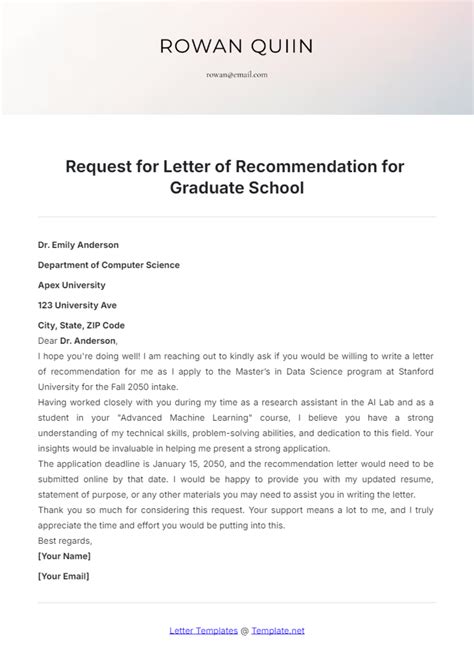 Free Request For Letter Of Recommendation For Graduate School Template