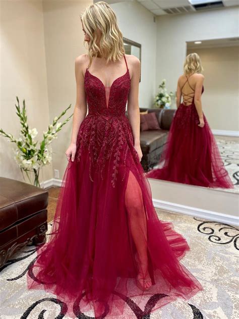 V Neck Backless Burgundy Lace Prom Dresses Backless Wine Red Lace For