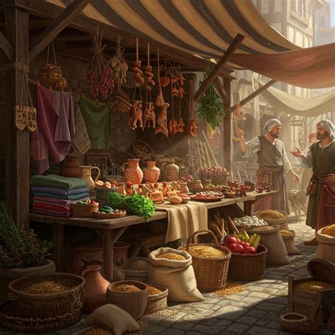 Medieval Market Stall Sunlit Goods And Rustic Charm Stock Illustration