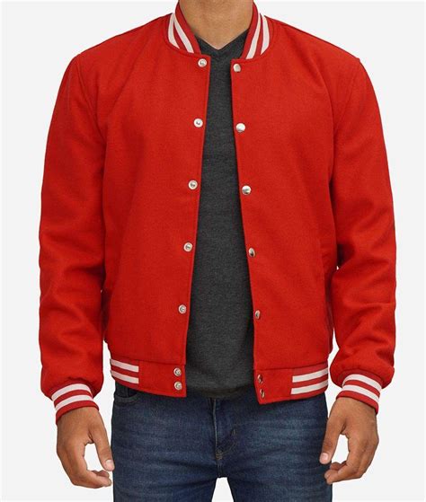 Mens Red And White Varsity Bomber Jacket