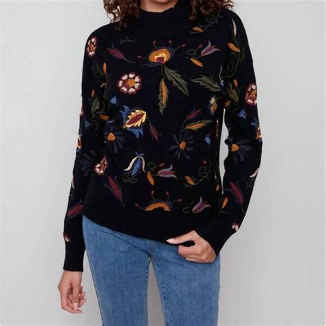 Charlie B Sweaters New Charlie B All Over Embroidered Mock Neck
