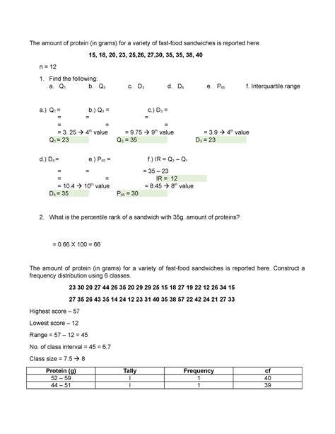 Quartiles Deciles And Percentile For Grouped And Ungrouped Data The Amount Of Protein In