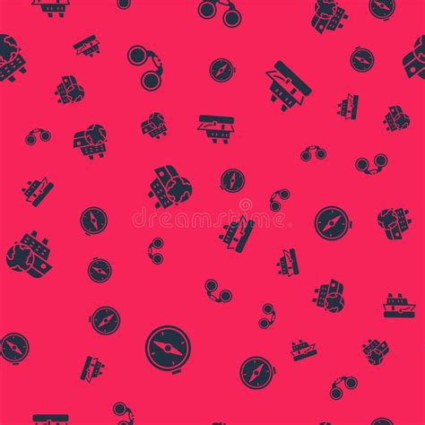 Set Compass Binoculars Cruise Ship And On Seamless Pattern Vector