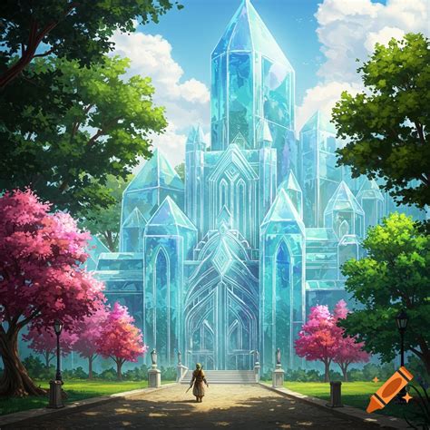 A Person Walks Towards A Large Shimmering Crystal Castle Surrounded By