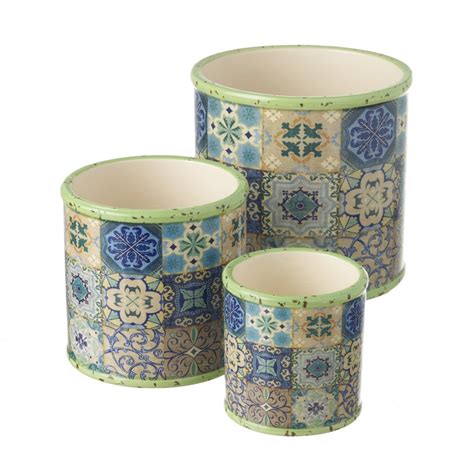 Round Ceramic Rustic Mosaic Deign House Plant Pots Set Of 3