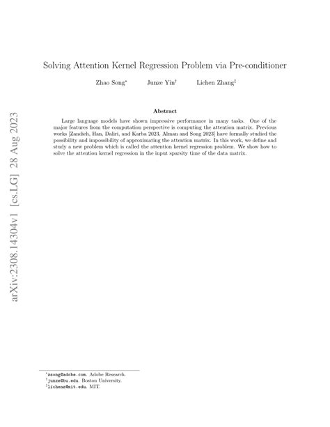 pdf solving attention kernel regression problem via pre conditioner