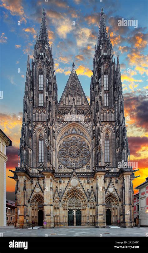 Front View Of The Main Entrance To The St Vitus Cathedral In Prague
