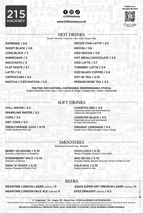 Carte Et Menus 2024 215 Hackney à Londres Thefork