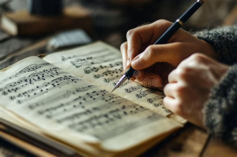 Composer Writing Music Notes With Fountain Pen On Old Manuscript