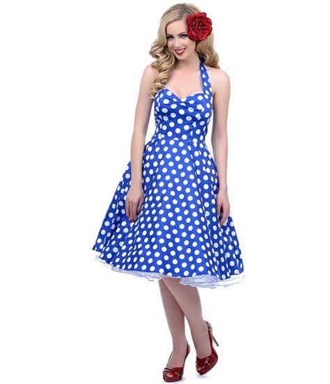 1950s Style Blue And White Dotted Halter Meriam Swing Dress