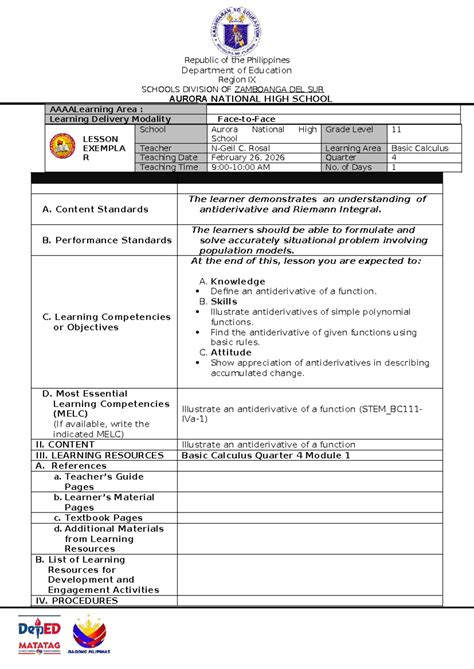 Basic Calculus Lesson Plan Grade 11 Quarter 4 Module 1 Studocu