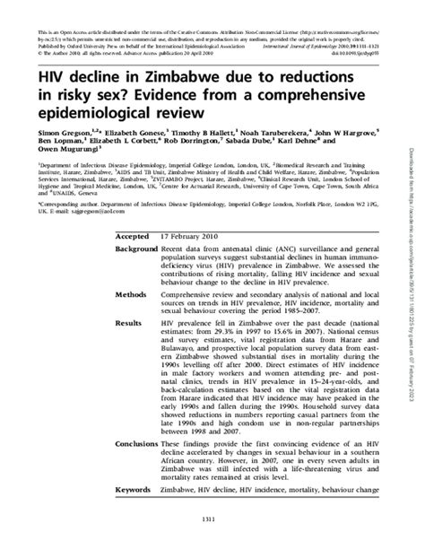 Pdf Hiv Decline In Zimbabwe Due To Reductions In Risky Sex Evidence