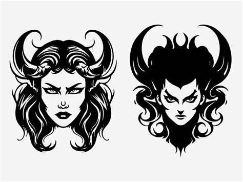Premium Vector Devil Girl Head With Horn Black And White Illustration