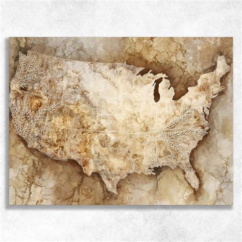 United States Map Canvas Wall Art Neutral Beige Botanical Usa Travel