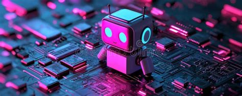 Cute Isometric Robot On Neon Circuit Board Ai Technology Robotics Stock