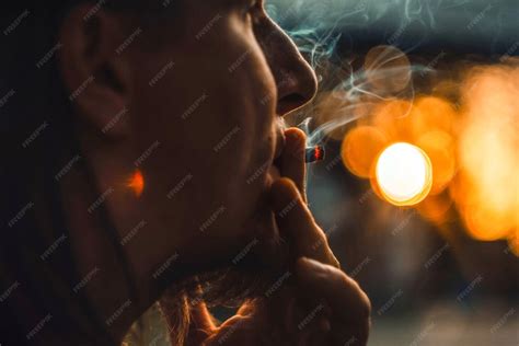 Retrato Aproximado De Um Homem Fumando Ao Pôr Do Sol Com Boque Dourado