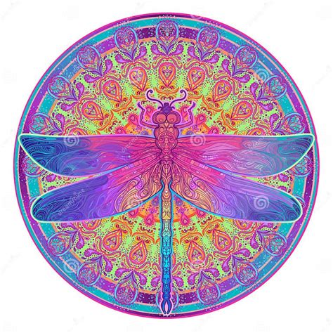 Ornate Dragonfly Over Colorful Round Mandala Pattern Ethnic Pat Stock