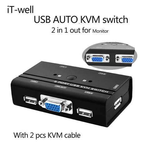 Port AUTO VGA USB KVM Switch With USB Console Set Of Keyboard Mouse Controls Computer
