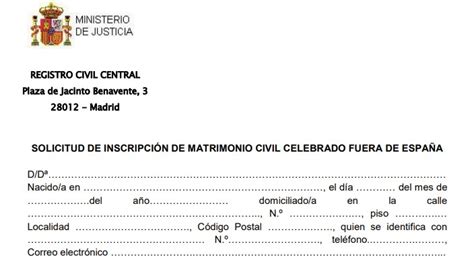Formulario Para Inscripción De Matrimonio En El Rcc De Madrid