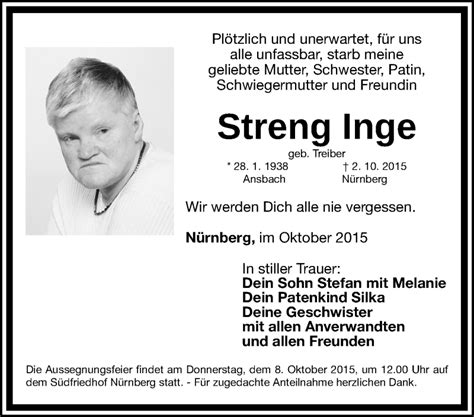 Traueranzeigen Von Inge Streng Trauernnde