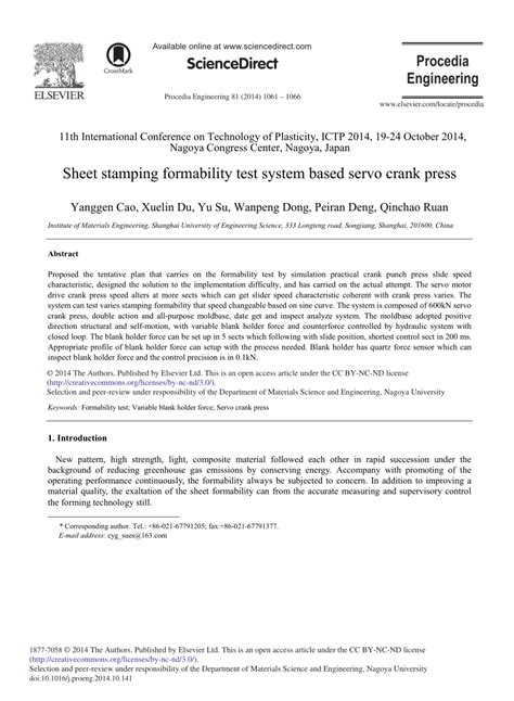 Pdf Sheet Stamping Formability Test System Based Servo Crank Press