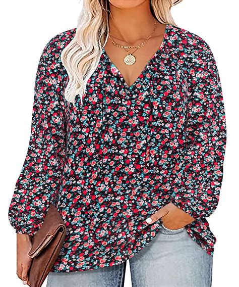 Cassie Liz Plus Size Women Long Sleeve Tops Floral Blouses Boho Navy