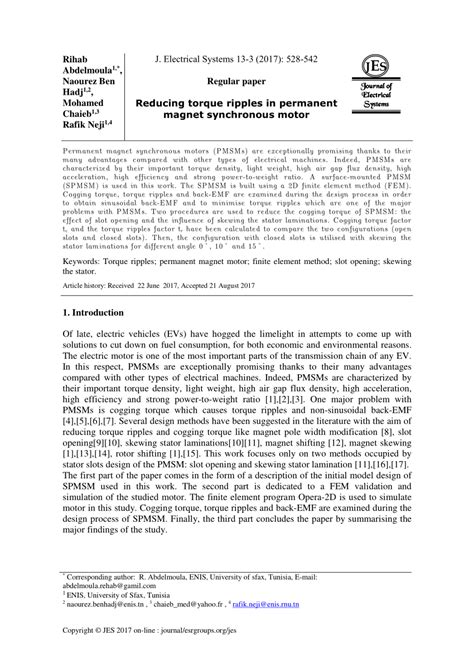 Pdf Reducing Torque Ripples In Permanent Magnet Synchronous Motor