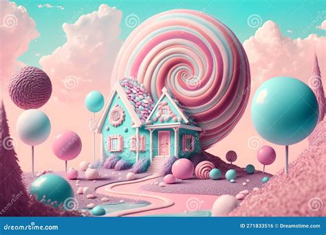 Fantasy Candy World In Pastel Pink Tones Cartoon Landscape Stock