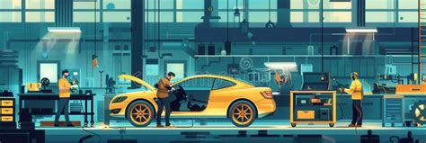 Workers In A Busy Automotive Body Shop Assembling A Yellow Car