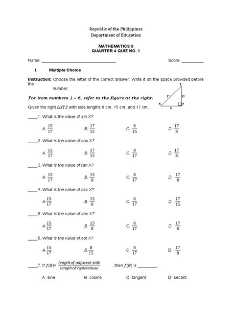 Math 9 Quiz 1 Download Free Pdf Trigonometric Functions Mathematics