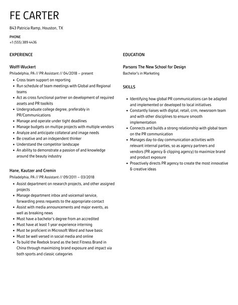 Pr Assistant Resume Samples Velvet Jobs