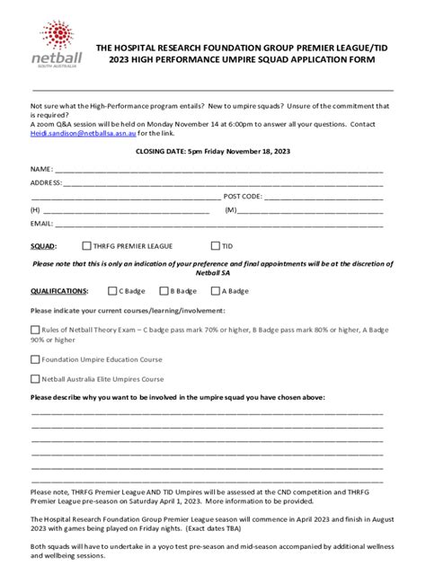 Fillable Online 2023 Tid And Premier League Application Form Netball