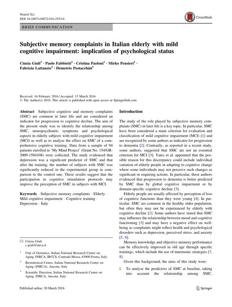 Pdf Subjective Memory Complaints In Italian Elderly With Mild
