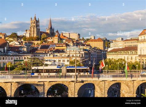 Switzerland Lausanne Cityscape With Bridge Grand Pont And Cathedral
