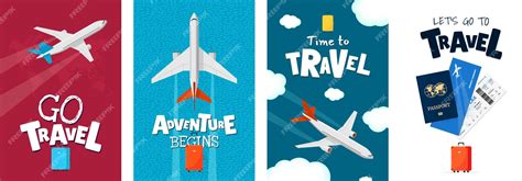Premium Vector Flight Travel Poster Set With Passenger Airplane And