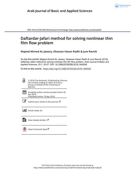 Pdf Daftardar Jafari Method For Solving Nonlinear Thin Film Flow Problem