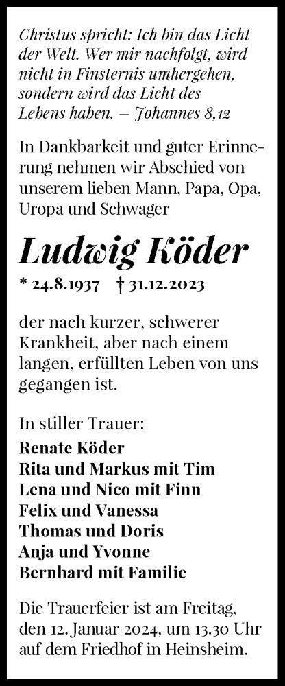 Traueranzeigen Von Ludwig Köder Trauerundgedenken De