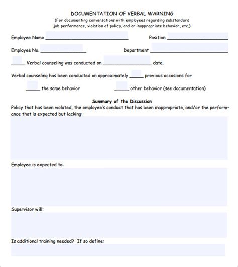 Sample Verbal Warning Template 6 Documents In Pdf