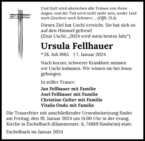 Traueranzeigen Von Ursula Fellhauer Trauerundgedenken De