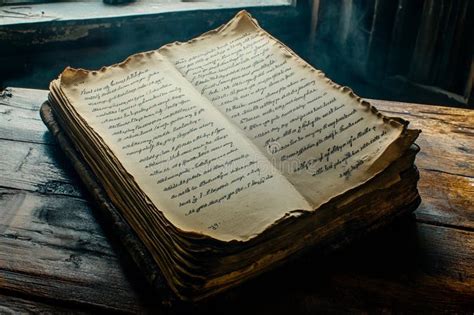 ancient manuscript resting on a wooden table with smoke drifting