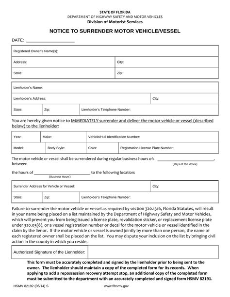 Form Hsmv 82192 Notice To Surrender Motor Vehicle Vessel Florida