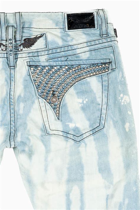 Mens Long Flap Slim Ripped Jeans In Florence Wash Embellished With Stu