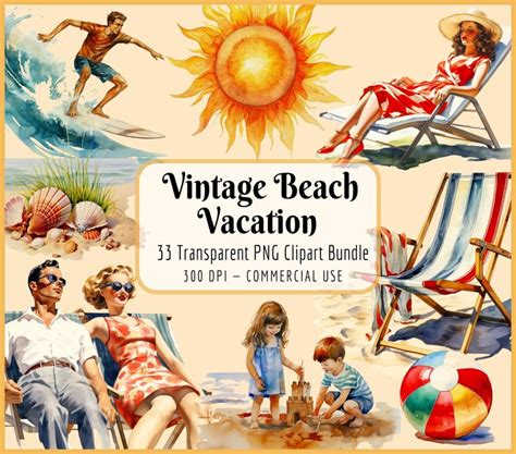 Vintage Beach Vacation Clipart Bundle I 1950s Retro Summer Vibes Sea