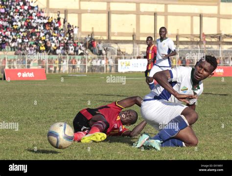 Kampala Uganda 4th July 2015 Tanzanias Abbas Mudathiri Yahya R Collides With Uganda