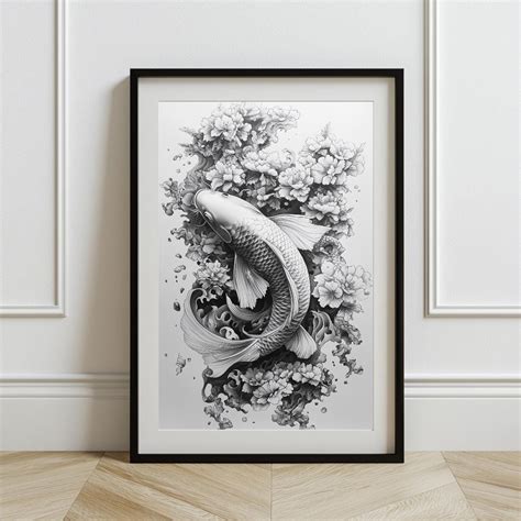 Black And White Koi Fish Art Japanese Style Painting Etsy