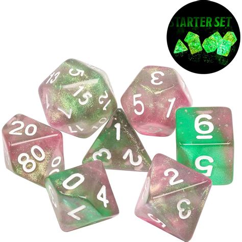 Glowing Dnd Glitter Dice Setglow In The Dark Pink And Green Glitter D
